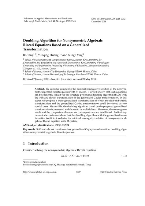 Global Science Press Doubling Algorithm For Nonsymmetric Algebraic