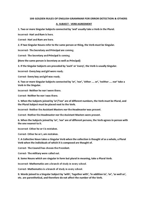 100 Golden Rules Of English Grammar For Error Detection Pdf Grammatical Number Verb