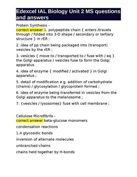 Edexcel IAL Biology Unit MS Questions And Answers Exams Biology Docsity