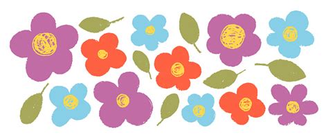 크레용 낙서 꽃과 잎 모음 봄 부활절 그림 와 파스텔 또는 분필 질감 흰색 배경에 그런 지 색상 벡터 그림 0명에 대한 스톡 벡터 아트 및 기타 이미지 Istock