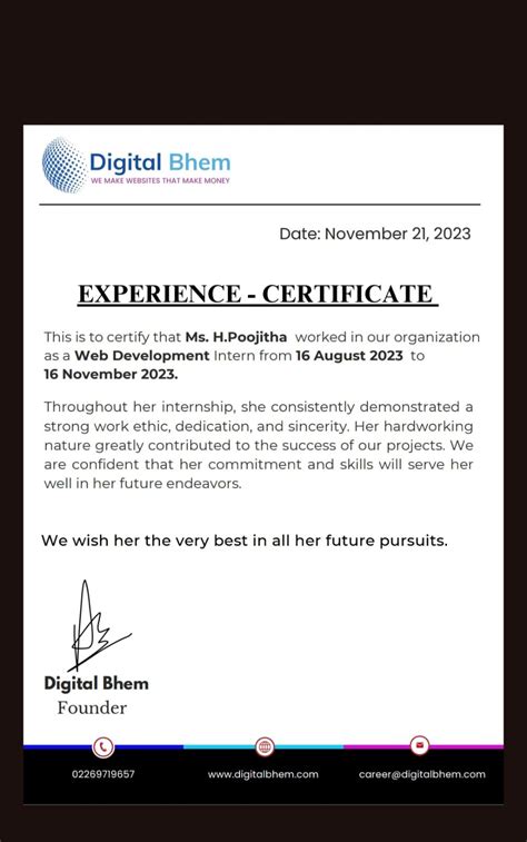 Poojitha Hasthi On Linkedin Digitalbhem Experiencecertificate Webdevelopment Internship
