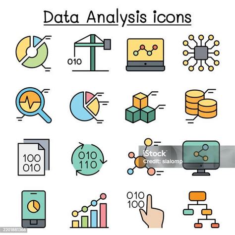 Data Mining Technology Data Transfer Data Warehouse Analysis Icon Set In Color Line Style Stock