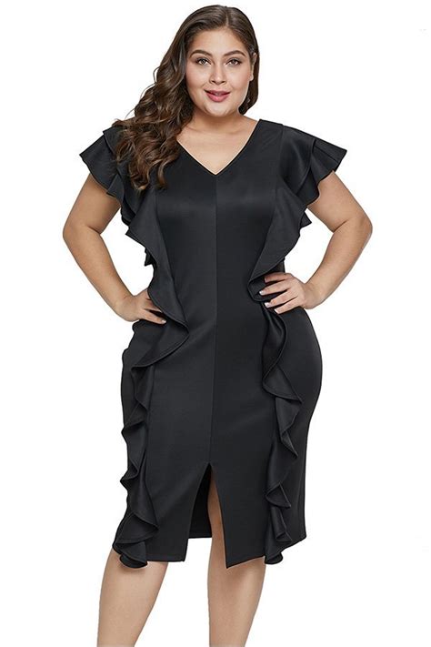 Hualong Sexy Short Sleeve V Neck Plus Size Ruffle Dress