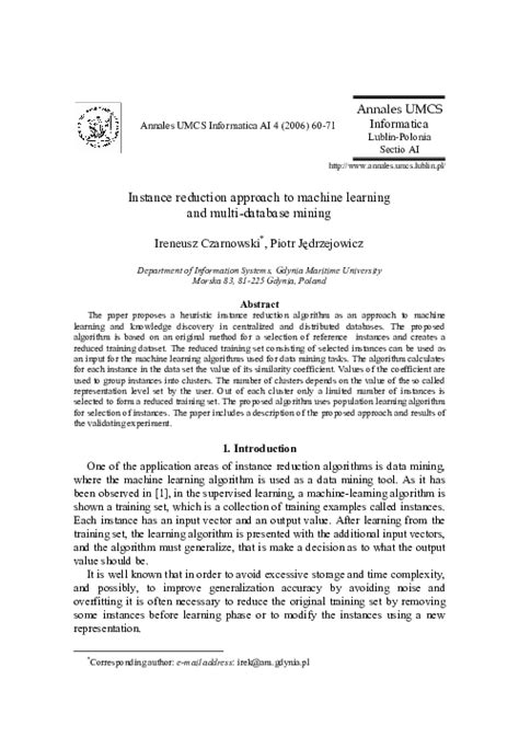 Pdf Annales Umcs Informatica Instance Reduction Approach To Machine Learning And Multi