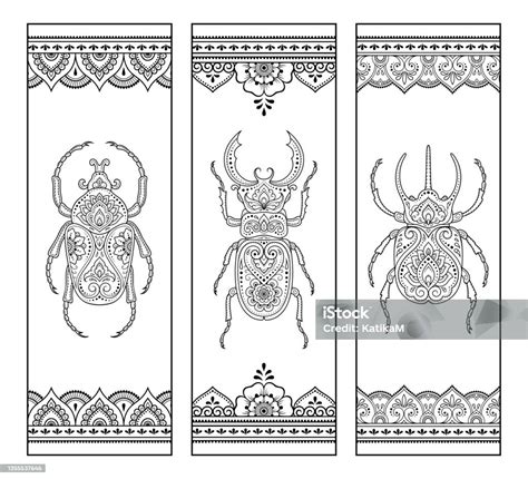 책 책 표시 색칠 꽃무늬와 버그 낙서 패턴의 흑백 라벨 세트 손으로 멘디 스타일로 그립니다 색깔의 펜과 어린이와 성인의 창의력을위한 장식품의 스케치 책갈피에 대한 스톡 벡터