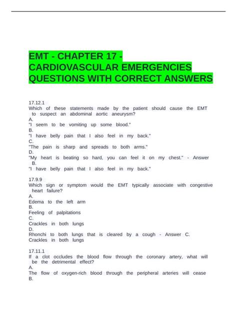 Emt Chapter 17 Cardiovascular Emergencies Questions With Correct