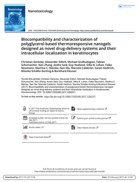 Pdf Biocompatibility And Characterization Of Polyglycerol Based Thermoresponsive Nanogels