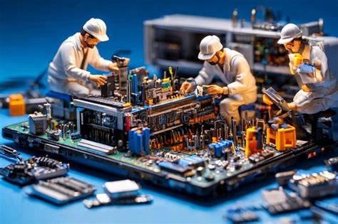 Miniature Technicians Tiny Toys Team Of Engineers Repairing Keyboard Computer Laptop Stock