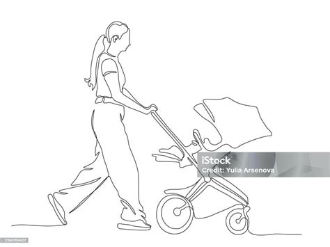 아기 유모차와 함께 걷는 젊은 여자 측면도 연속 선화 흑인과 백인 벡터 일러스트 레이 션 라인 아트 스타일입니다 유모차에 대한