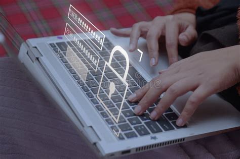 Cybersecurity Concept Hand Typing Laptop Digital Lock Icon Display