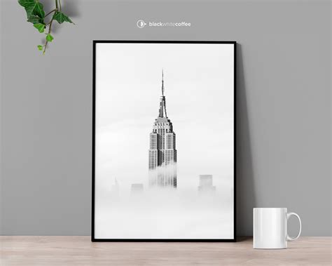 Empire State Building Poster Minimalistic Black And White Cloudy Artwork