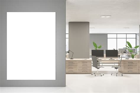 벽에 빈 모의 포스터 빈 컴퓨터 화면 가구 장식 식물 및 창문이있는 현대적인 목재 및 콘크리트 코워킹 사무실 인테리어 직장과 아무도 개념 3d 렌더링 0명에 대한 스톡 사진