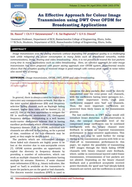 An Effective Approach For Colour Image Transmission Using Dwt Over Ofdm For Broadcasting