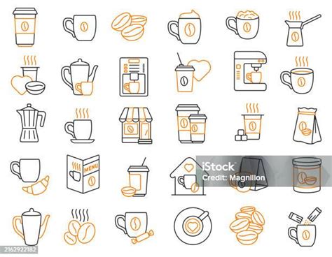 커피와 카페 아이콘 설정 검은 색과 주황색 편집 가능한 스트로크 벡터 일러스트 레이 션 가방에 대한 스톡 벡터 아트 및 기타 이미지 가방 개념 구이 Istock