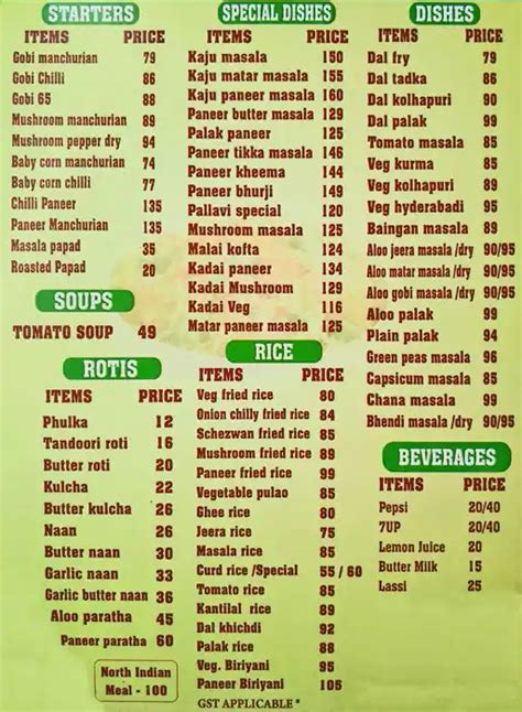 Pallavi North Indian Veg Restaurant Menu Zomato