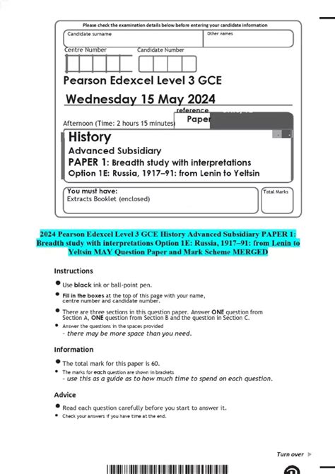 Pearson Edexcel Level GCE History Advanced Subsidiary PAPER Breadth Study With