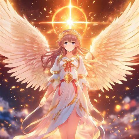 รูปภาพฟรี ตัวการ์ตูนในเทพนิยายของหญิงสาวที่มีปีกและรัศมีส่องแสงเหนือศีรษะ อนิเมะญี่ปุ่นที่มี