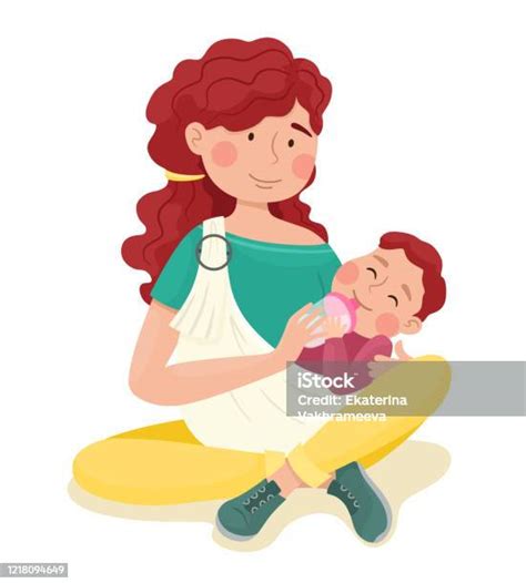 엄마는 젖병에서 아기를 먹입니다 슬링 벡터 그림입니다 어머니의 날 가족에 대한 스톡 벡터 아트 및 기타 이미지 가족 건강한 생활방식 귀여운 Istock