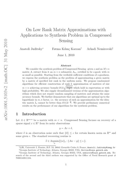 Pdf On Low Rank Matrix Approximations With Applications To Synthesis Problem In Compressed Sensing