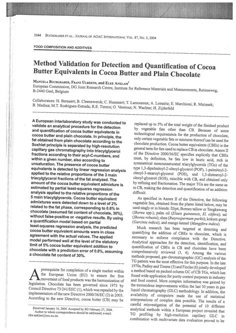 Pdf Method Validation For Detection And Quantification Of Cocoa Butter Equivalents In Cocoa