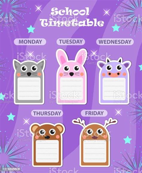 귀여운 디자인 요소와 주간 학교 시간표 템플릿 아이들을위한 평일 플래너 벡터 일러스트레이션 계획에 대한 스톡 벡터 아트 및 기타 이미지 Istock