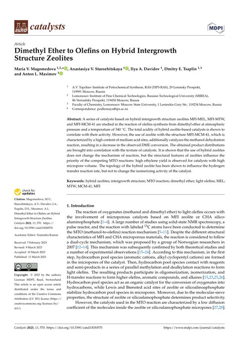 Pdf Dimethyl Ether To Olefins On Hybrid Intergrowth Structure Zeolites