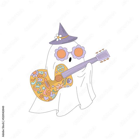 Retro 70s 60s Hippie Groovy Halloween Ghost With Guitar Vector