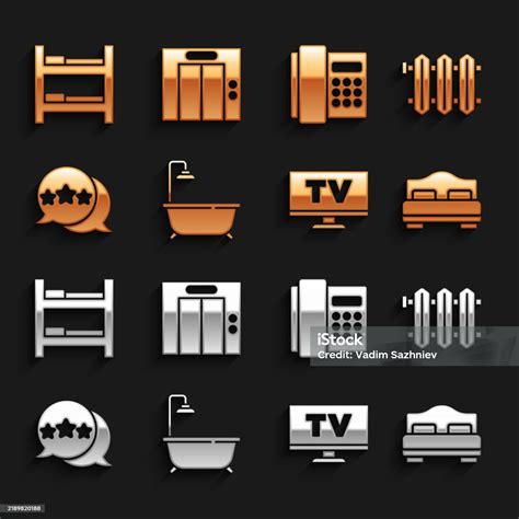샤워기가 있는 욕조 난방 라디에이터 호텔 객실 침대 스마트 Tv 별 5개 등급 리뷰 전화 핸드셋 및 리프트 아이콘을 설정합니다 벡터 1위에 대한 스톡 벡터 아트 및 기타