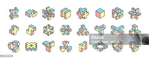 아이소메트릭 육각형 별 화살표 입방체 및 추상 로고가 설정됩니다 착시 희미한 색상의 복고풍 3d 아이콘 세트 3차원 형태에 대한 스톡 벡터 아트 및 기타 이미지 Istock