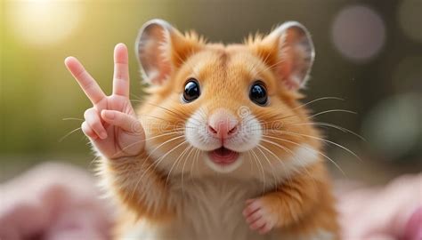 Cute Hamster Showing Peace Sign With Small Human Hand Gesture Stock