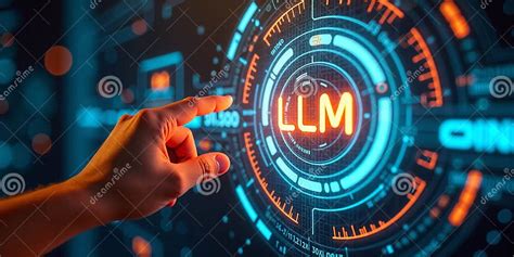 Hand Touching Glowing Llm Icon And Business Analytics Interface Stock Illustration