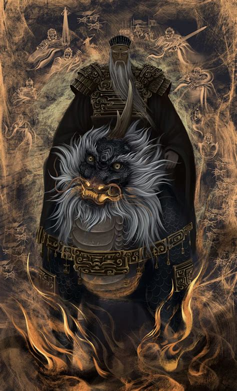 【闻仲】 帝乙托孤大臣，殷商太师，金灵圣母门下。精通“金木水火土”五行变化，有坐骑【墨麒麟】，能须臾千里，手执雌雄双鞭。与杨戬一样头生【三眼