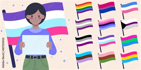 Person With Blank Sign And Collection Of Sexual Orientation Flags To