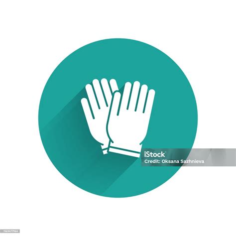 긴 그림자로 고립 된 화이트 가든 장갑 아이콘입니다 고무 건틀릿 기호입니다 농업 손 보호 장갑 안전 녹색 원 버튼입니다 벡터 일러스트레이션 가사 집안일에 대한 스톡 벡터