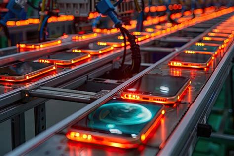 Premium Photo New Glowing Smartphones On The Assembly Line