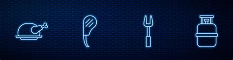 세트 라인 바베큐 포크 구운 칠면조 치킨 립 아이 스테이크와 프로판 가스 탱크 벽돌 벽에 빛나는 네온 아이콘 벡터 가금류에 대한 스톡 벡터 아트 및 기타 이미지 Istock