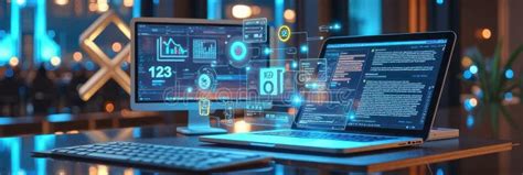 Cutting Edge Technology Workspace With Dual Screens And Interactive