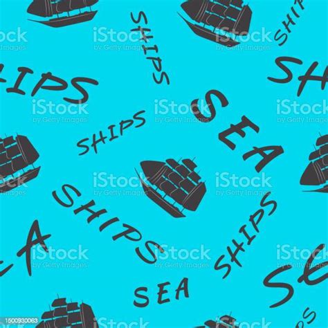 배의 흑백 실루엣과 비문 Sea Ships는 파란색 배경에 있습니다 해양 테마입니다 직물에 인쇄 인포그래픽이 있는 배경 이미지 벡터 그림입니다 0명에 대한 스톡 벡터 아트