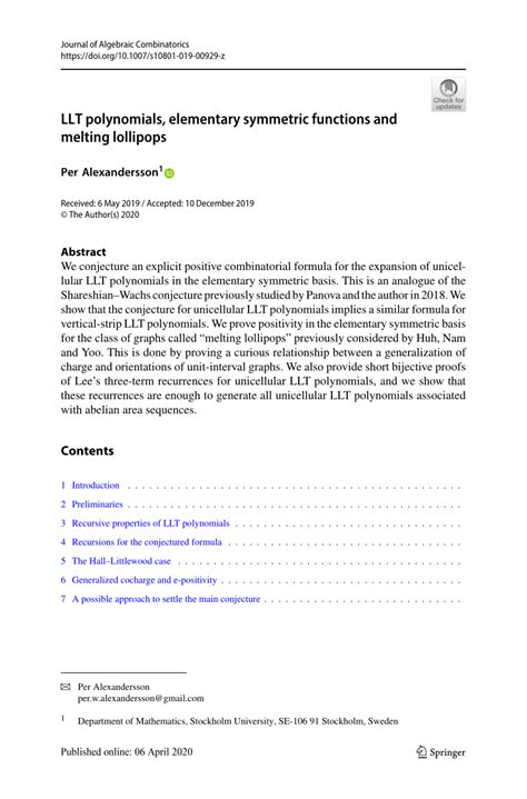 Pdf Llt Polynomials Elementary Symmetric Functions And Melting Lollipops