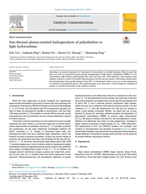 Non Thermal Plasma Libo Yao Et Al Pdf Catalysis Pyrolysis