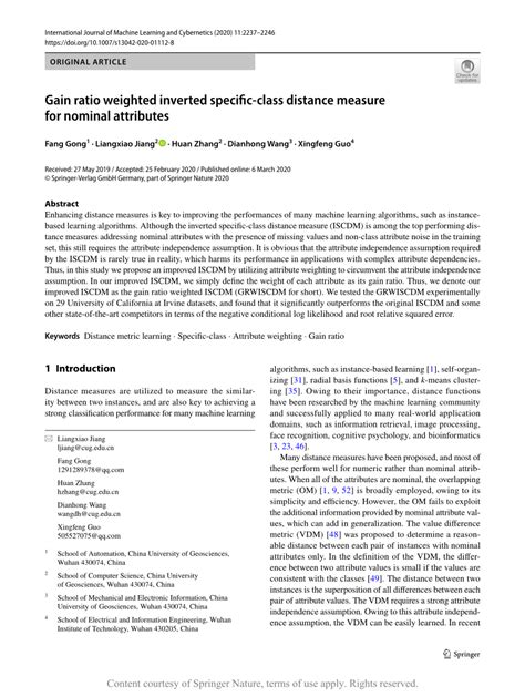 Gain Ratio Weighted Inverted Specific Class Distance Measure For Nominal Attributes Request Pdf