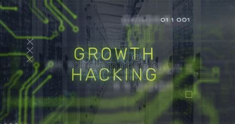 Neon Green Growth Hacking Text Glowing Over Server Hall Showing Circuit