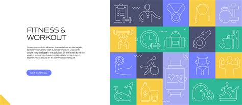 피트니스 및 운동 선형 아이콘이있는 웹 배너 트렌디 한 선형 스타일 벡터 건강한 생활방식에 대한 스톡 벡터 아트 및 기타 이미지 건강한 생활방식 근육 근육질 체격