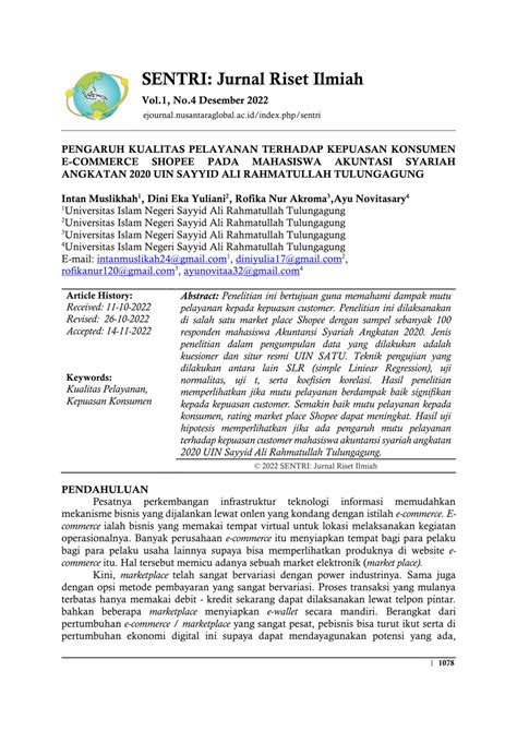 Pdf Pengaruh Kualitas Pelayanan Terhadap Kepuasan Konsumen E Commerce Shopee Pada Mahasiswa