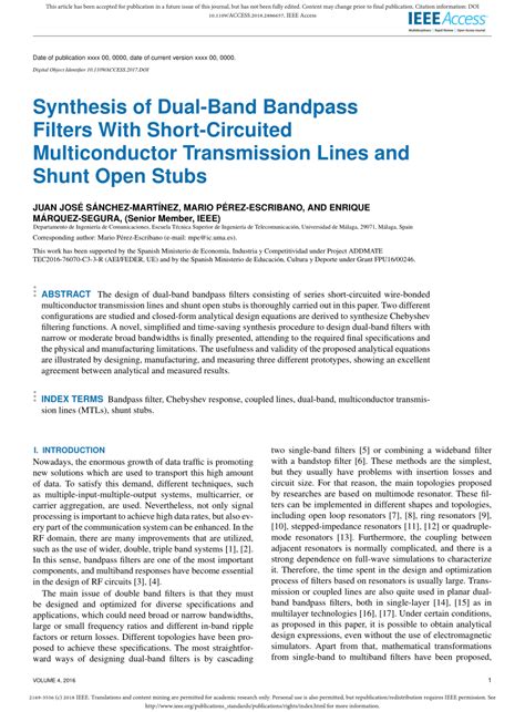 Pdf Synthesis Of Dual Band Bandpass Filters With Short Circuited Multiconductor Transmission