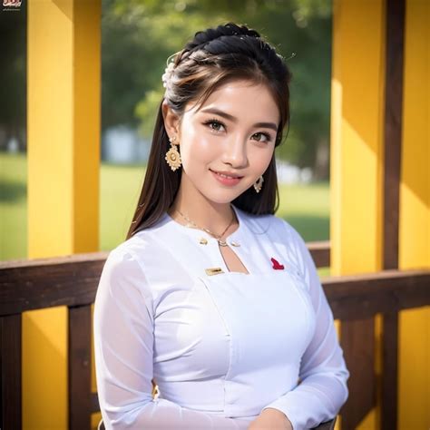 Premium Photo Myanmar Girl With Myanmar School Traditional Dress With School Background
