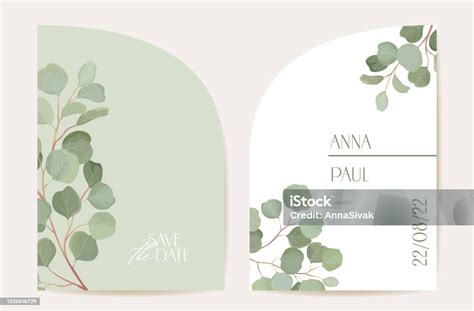 현대 미니멀 아르 데코 웨딩 벡터 초대 세트 보호 유칼립투스 녹색 잎 가지 카드 템플릿 열대 잎 녹지 포스터 꽃 프레임 데이트 트렌디 한 디자인 럭셔리 브로셔를 저장 0명에
