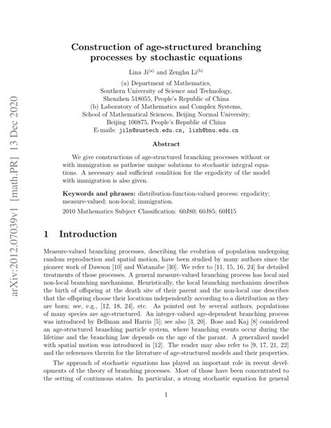 Full Article Construction Of Age Structured Branching Processes By Stochastic Equations