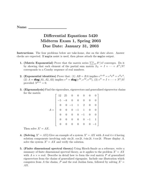 Differential Equations 5420 Midterm Exam 1 Spring 2003 Name