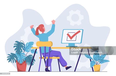 정답 컴퓨터의 소녀가 체크 표시가있는 정답을 제공합니다 0명에 대한 스톡 벡터 아트 및 기타 이미지 0명 만화 벡터 Istock